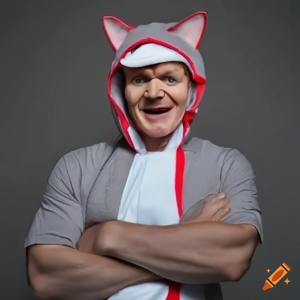 Gordon Ramsay wearing a cat onesie costume on Craiyon
