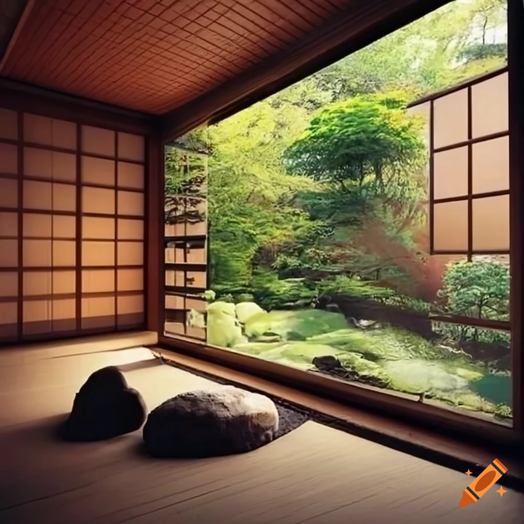 Serene japanese room with a rock garden on tatami flooring on Craiyon