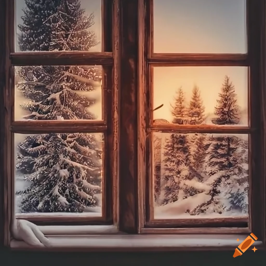 Cozy winter scene viewed through a decorated window on Craiyon
