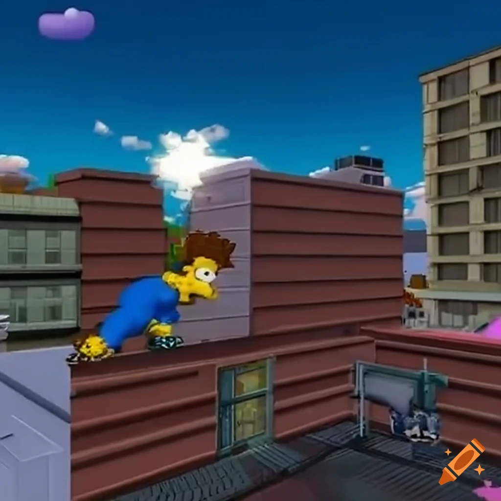 Simpsons characters fighting on a rooftop in a PS1 game on Craiyon