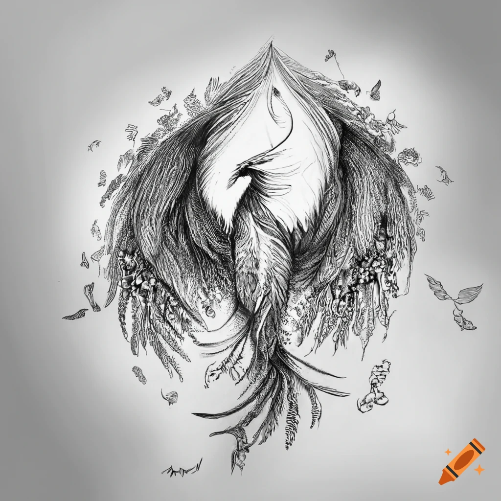 Black and white illustration of a phoenix with butterflies on Craiyon