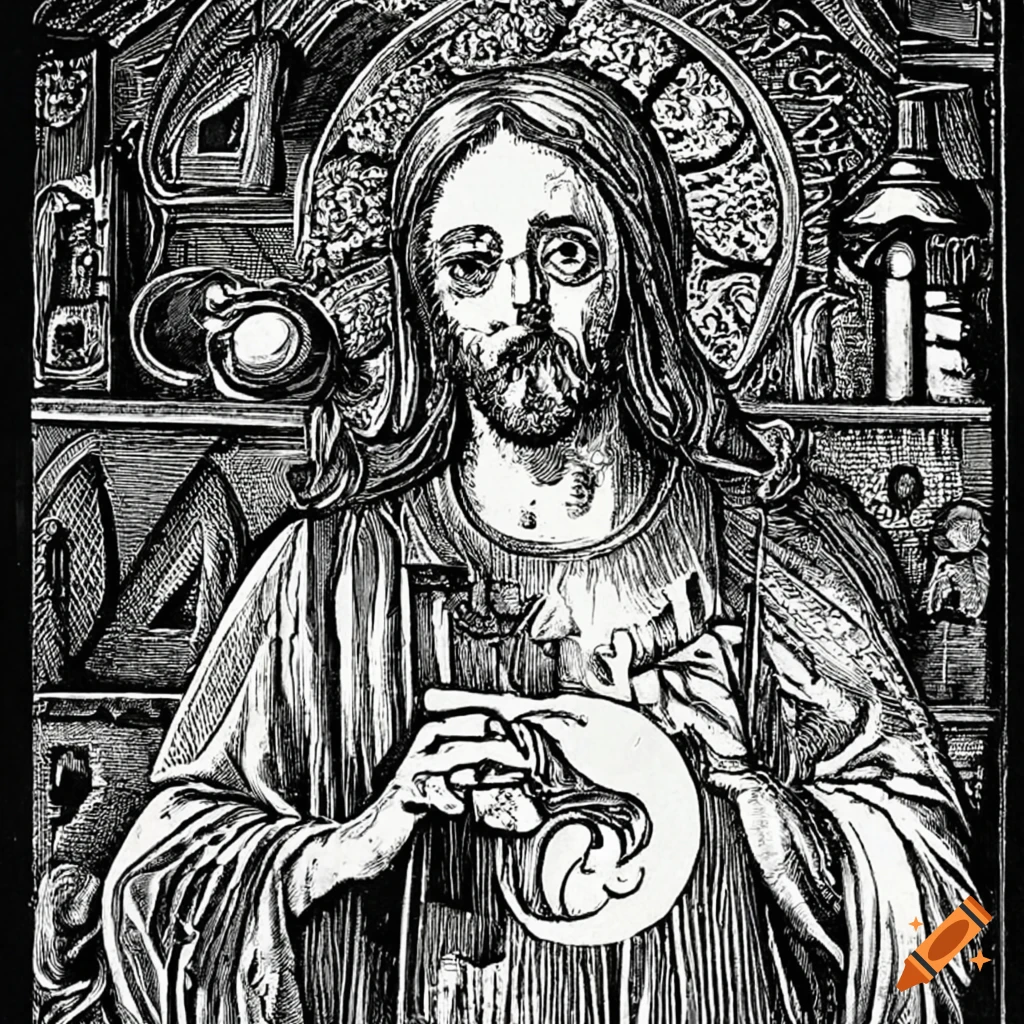 Medieval engraving of Jesus in alchemy laboratory on Craiyon