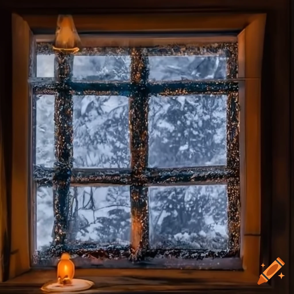 Snowing landscape seen through a decorated window on Craiyon