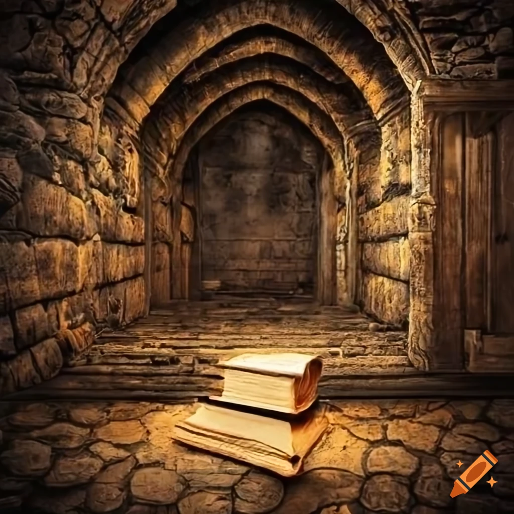 Realistic photograph of a medieval cellar with a book of magic on Craiyon