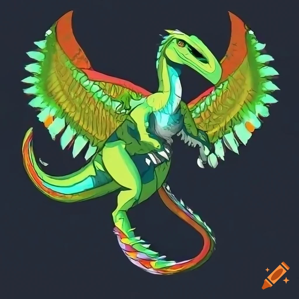 Colorful stylized comic book art of a winged dinosaur on Craiyon