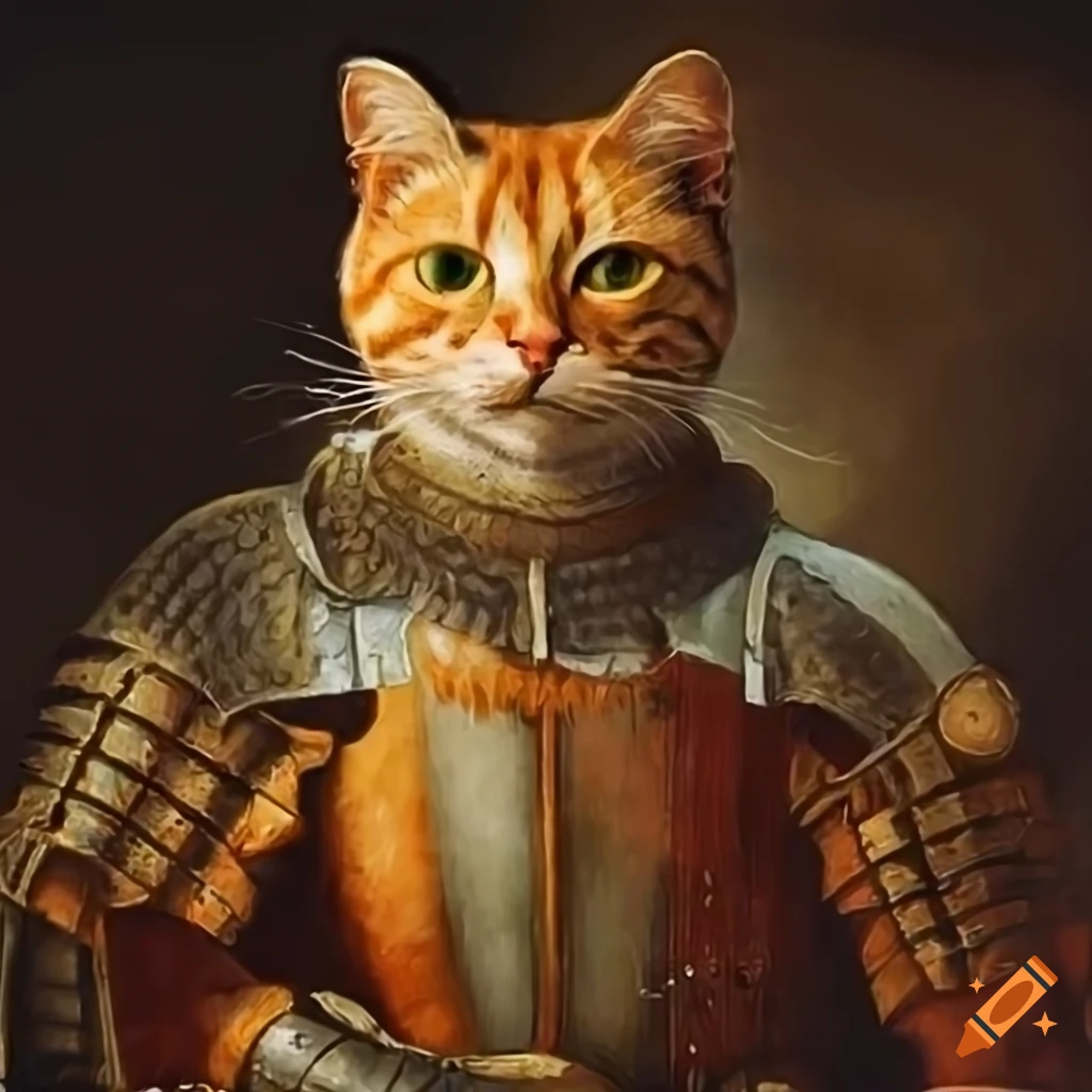 Medieval-style painting of an armored cat on Craiyon
