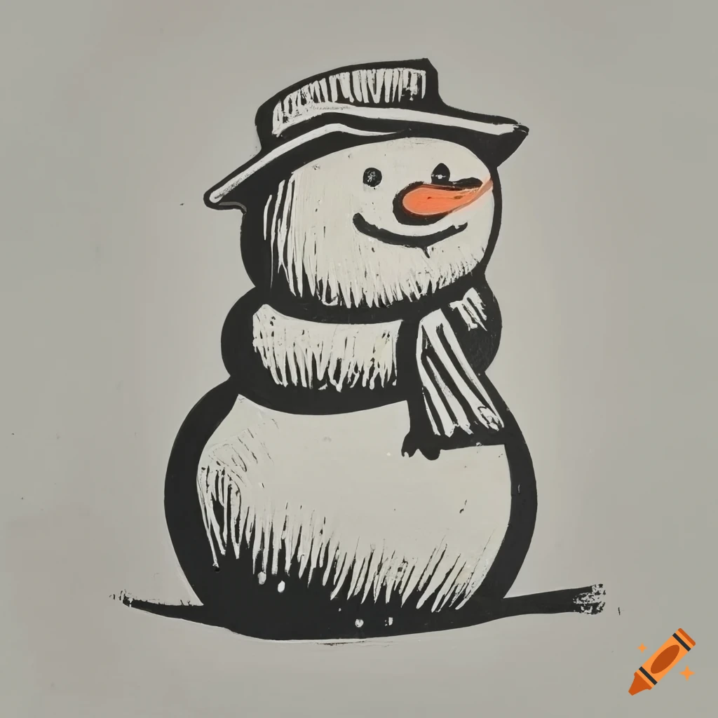 Linocut print of a minimalist black and white snowman on Craiyon
