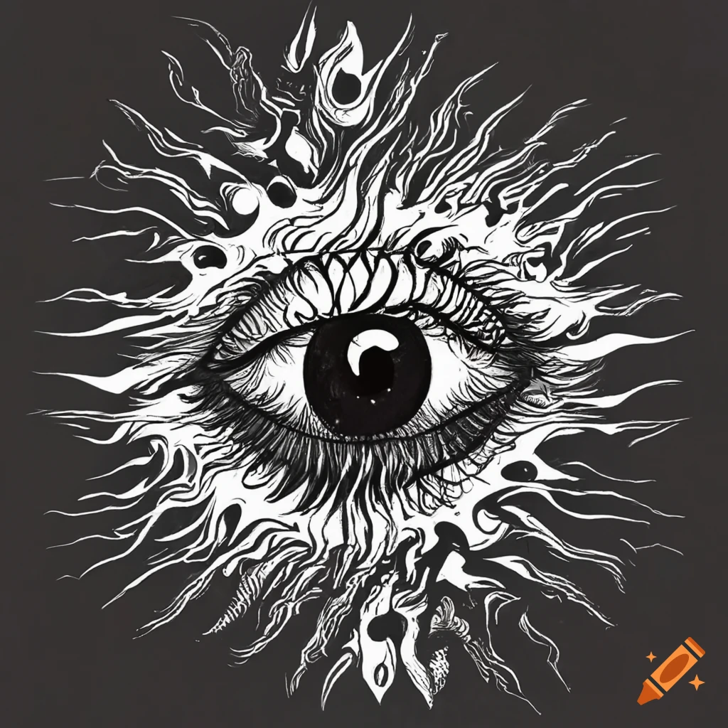 Detailed black and white eye tattoo design with flames on Craiyon