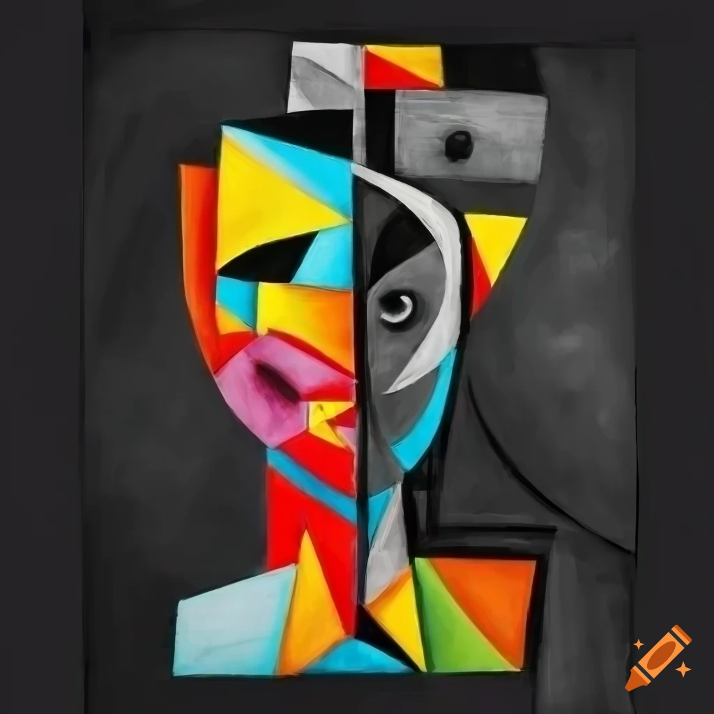 Abstract black and white cubist artwork with red, yellow, and turquoise ...