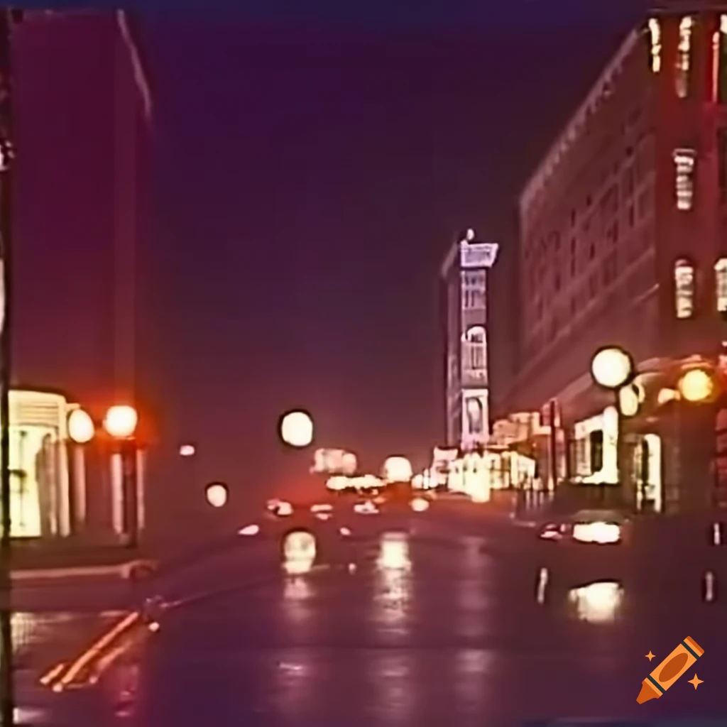 Nighttime footage of downtown DeKalb, Illinois in 1971 on Craiyon