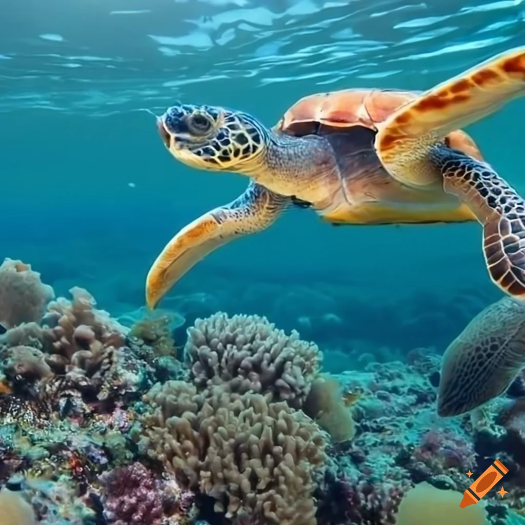Sea turtle swimming among corals in the east australian current on Craiyon