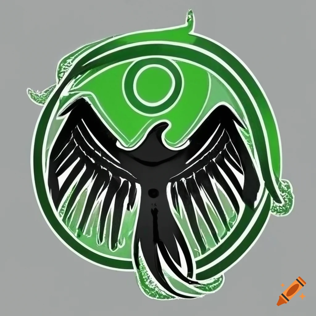Sleek black and green raven logo with spread wings on Craiyon