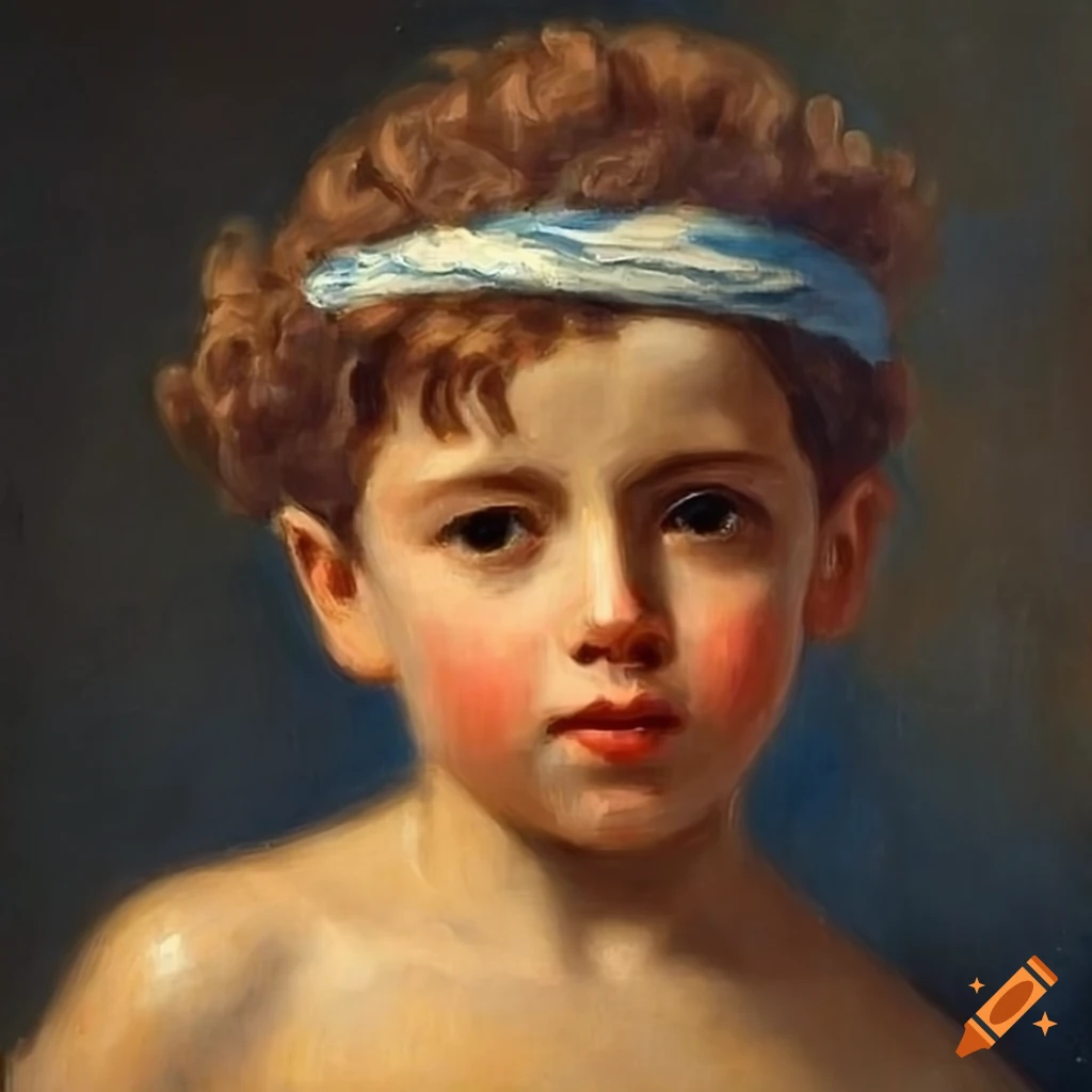 Monet oil painting of a young boy with bandana on head on Craiyon
