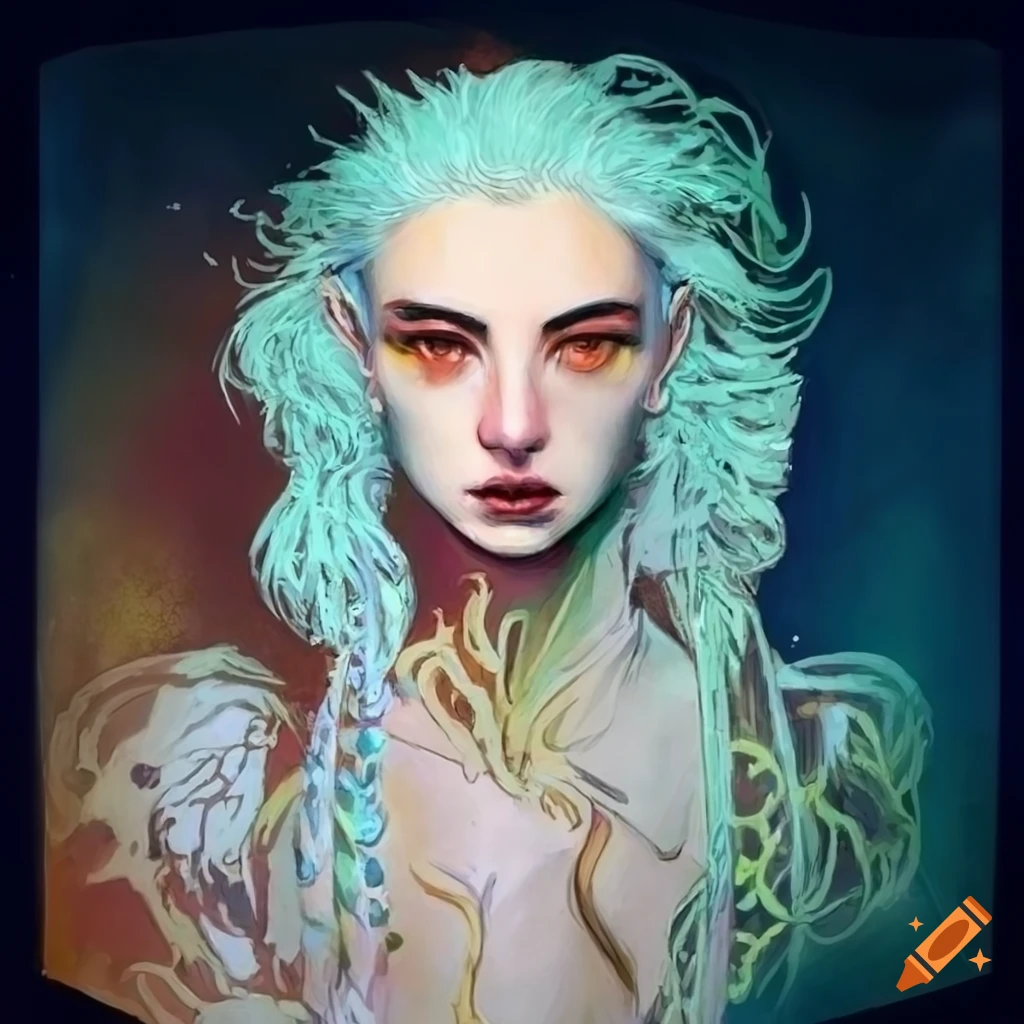 Ethereal androgynous character portrait with tattoos on Craiyon
