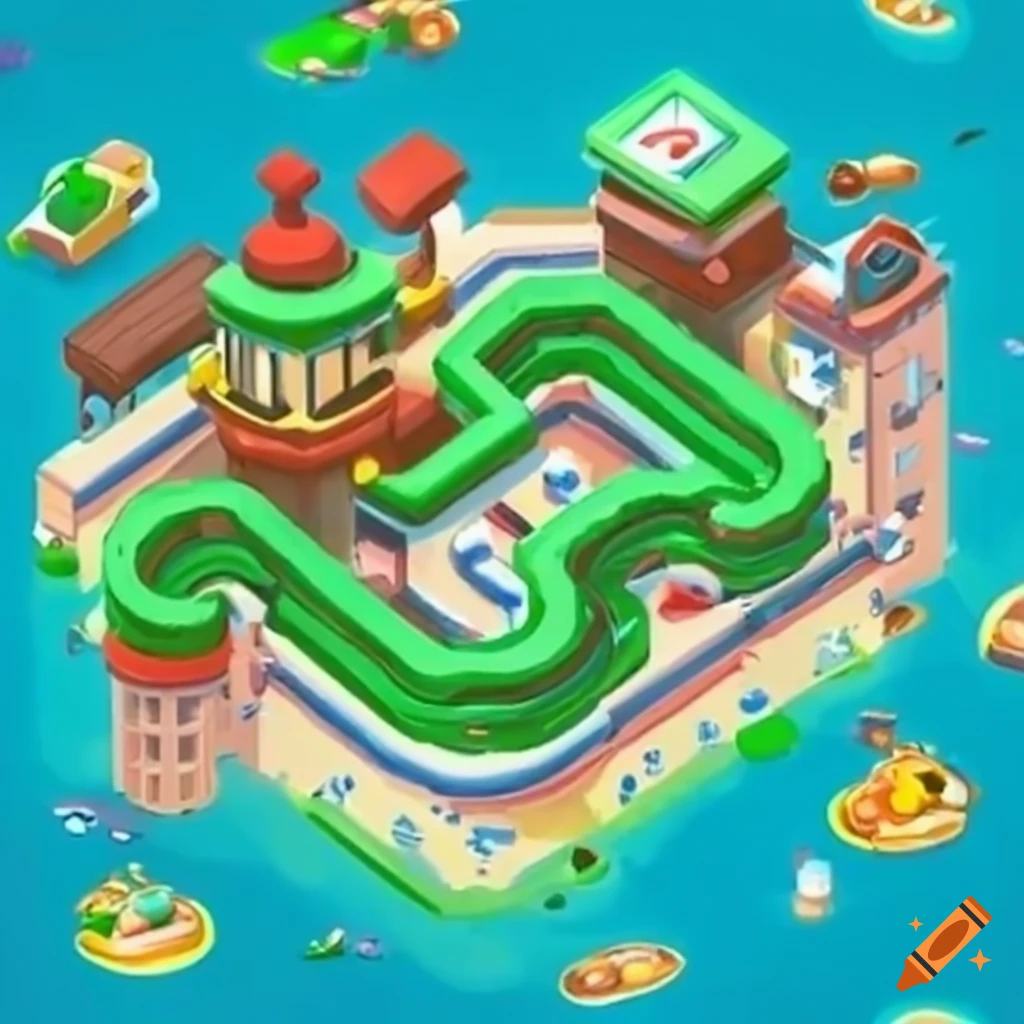 Isometric view of a detailed mario kart track on Craiyon
