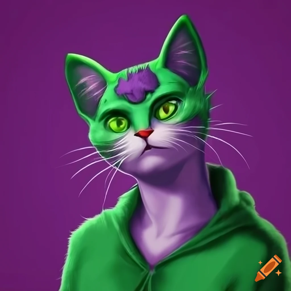 Illustration of a male humanoid cat with green and purple fur on Craiyon