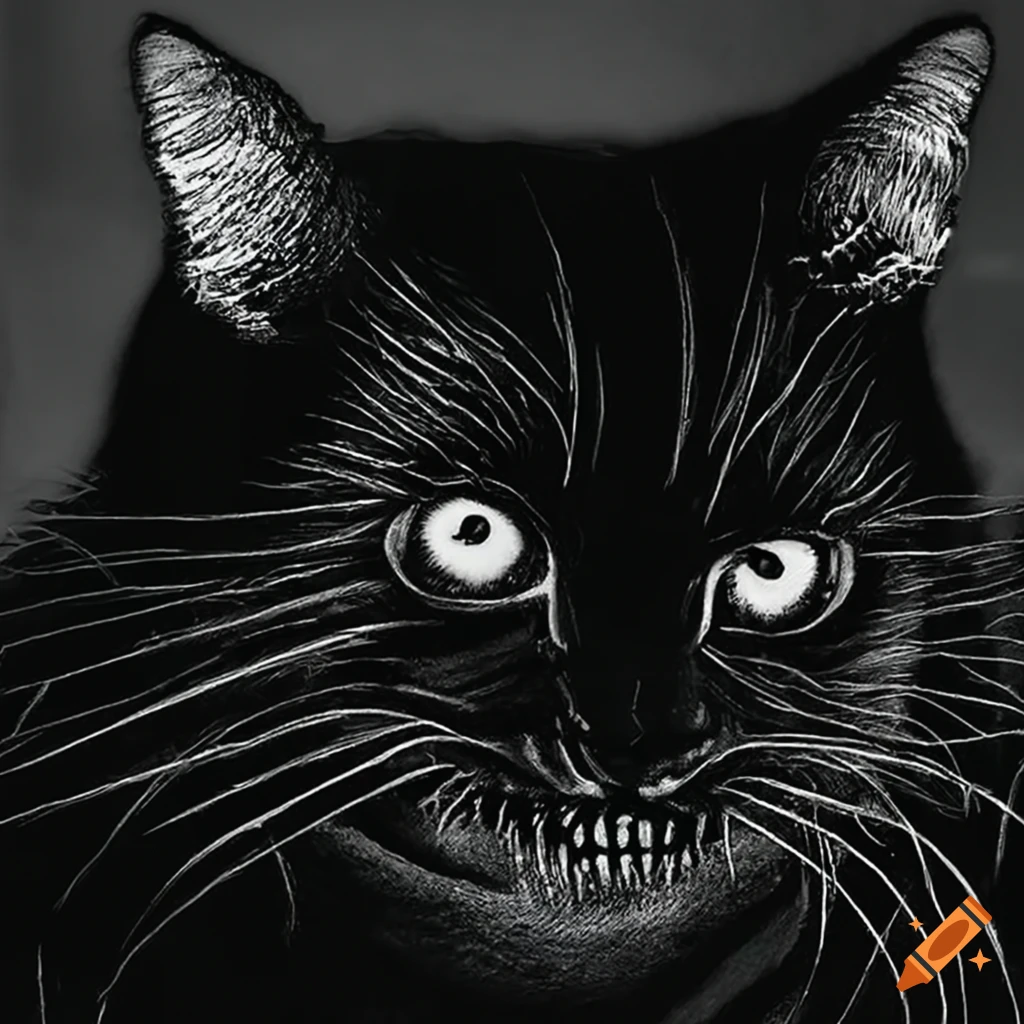 Haunting black cat with abnormal features in horror manga on Craiyon