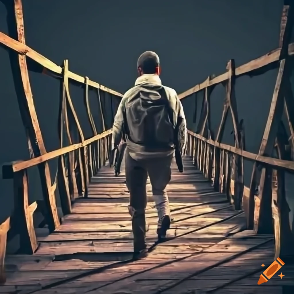 Man crossing a wooden bridge towards a cross on Craiyon