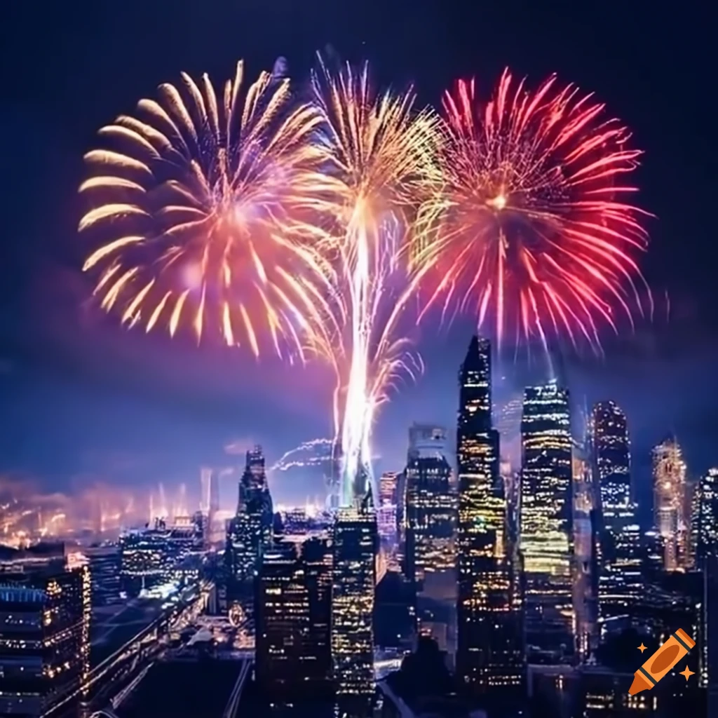 Vibrant fireworks over a city skyline on new year's eve on Craiyon