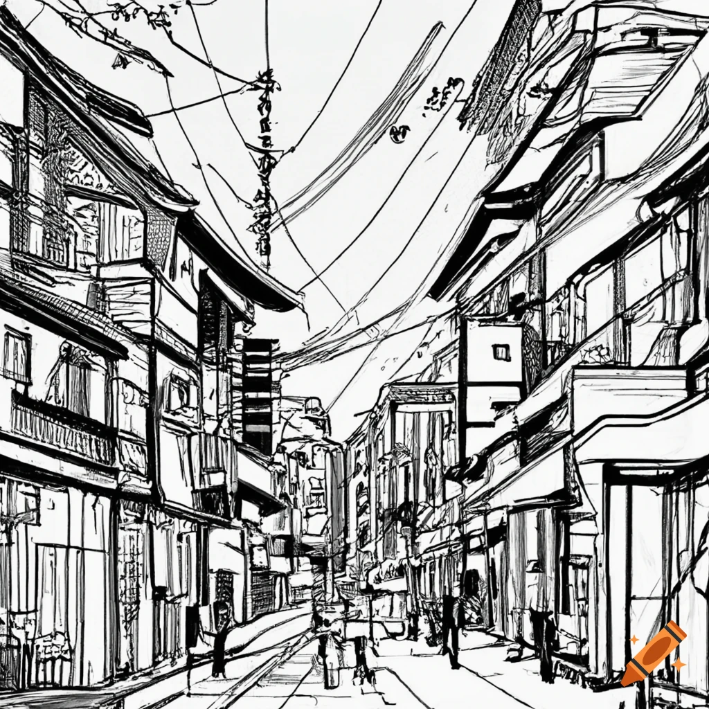 Line drawing of a city in Japan on Craiyon