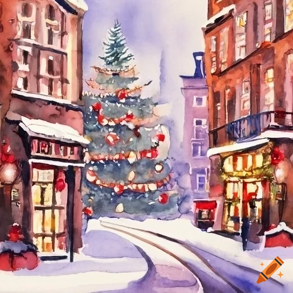 Watercolor painting of a cozy European Christmas city scene on Craiyon