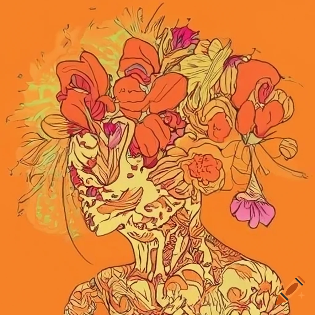 Orange flower tapestry illustration with sharp lines on Craiyon