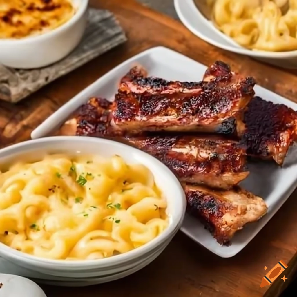 Mouthwatering grilled ribs with macaroni and cheese on Craiyon