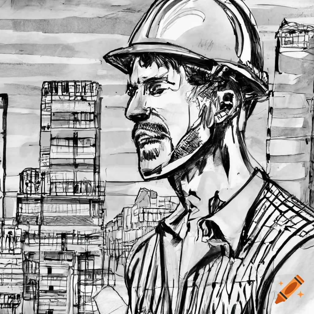 Sketch of a construction worker overlooking the city on Craiyon