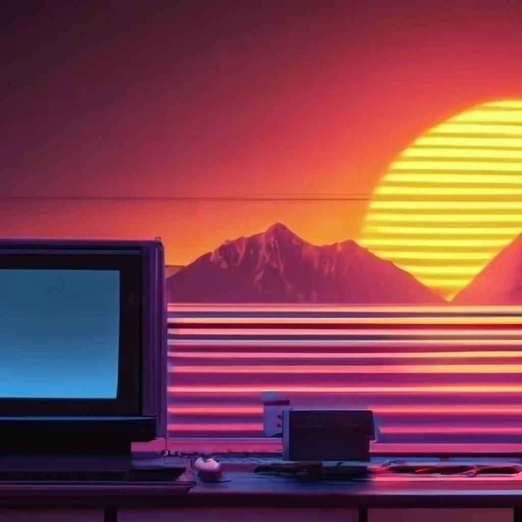 Synthwave-inspired office with neon lights and vintage computer on Craiyon