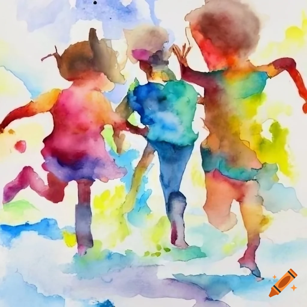 Watercolor painting of running kids on Craiyon