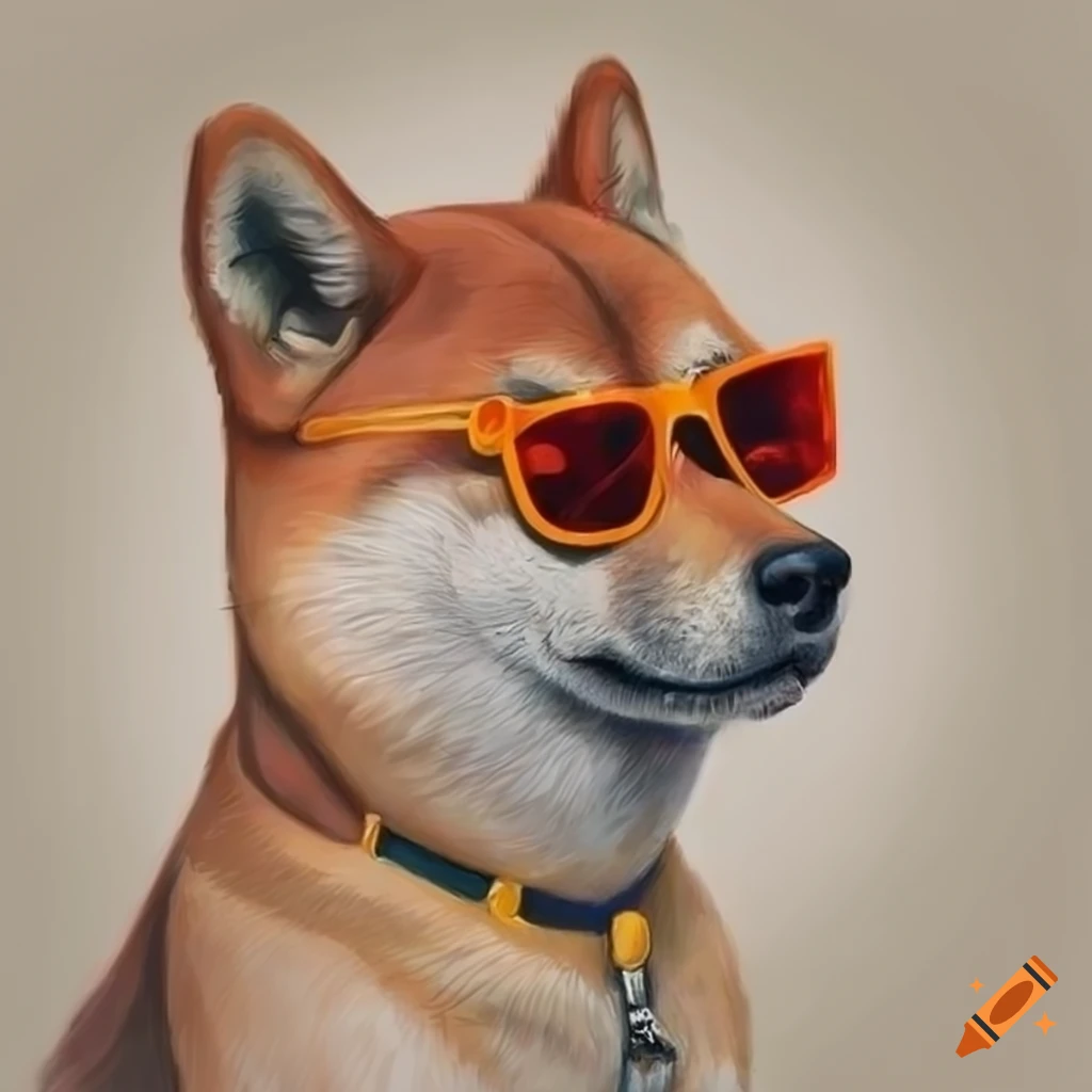 Hyper realistic drawing of a Shiba Inu with orange sunglasses on Craiyon