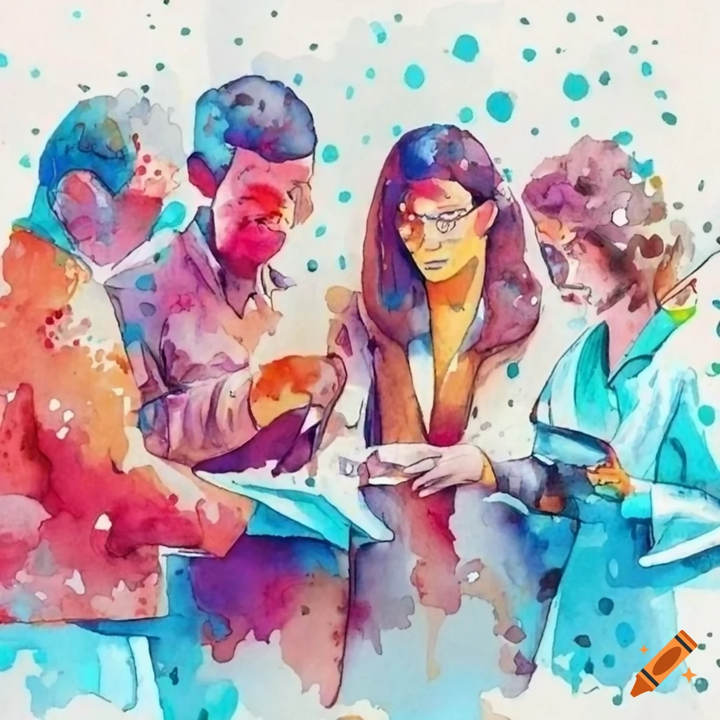 Watercolor painting of scientists having a discussion on Craiyon