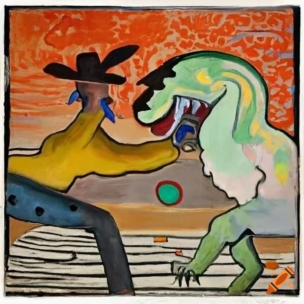 Painting of a t-rex fighting a cowboy in a wild-west rodeo scene on Craiyon