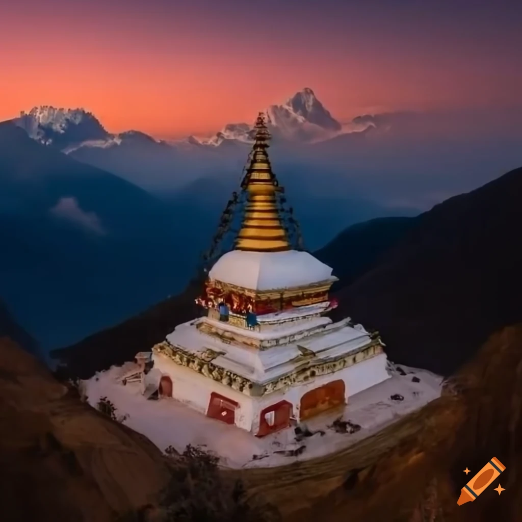 Swoyambhu stupa with Himalayan range in the background on Craiyon