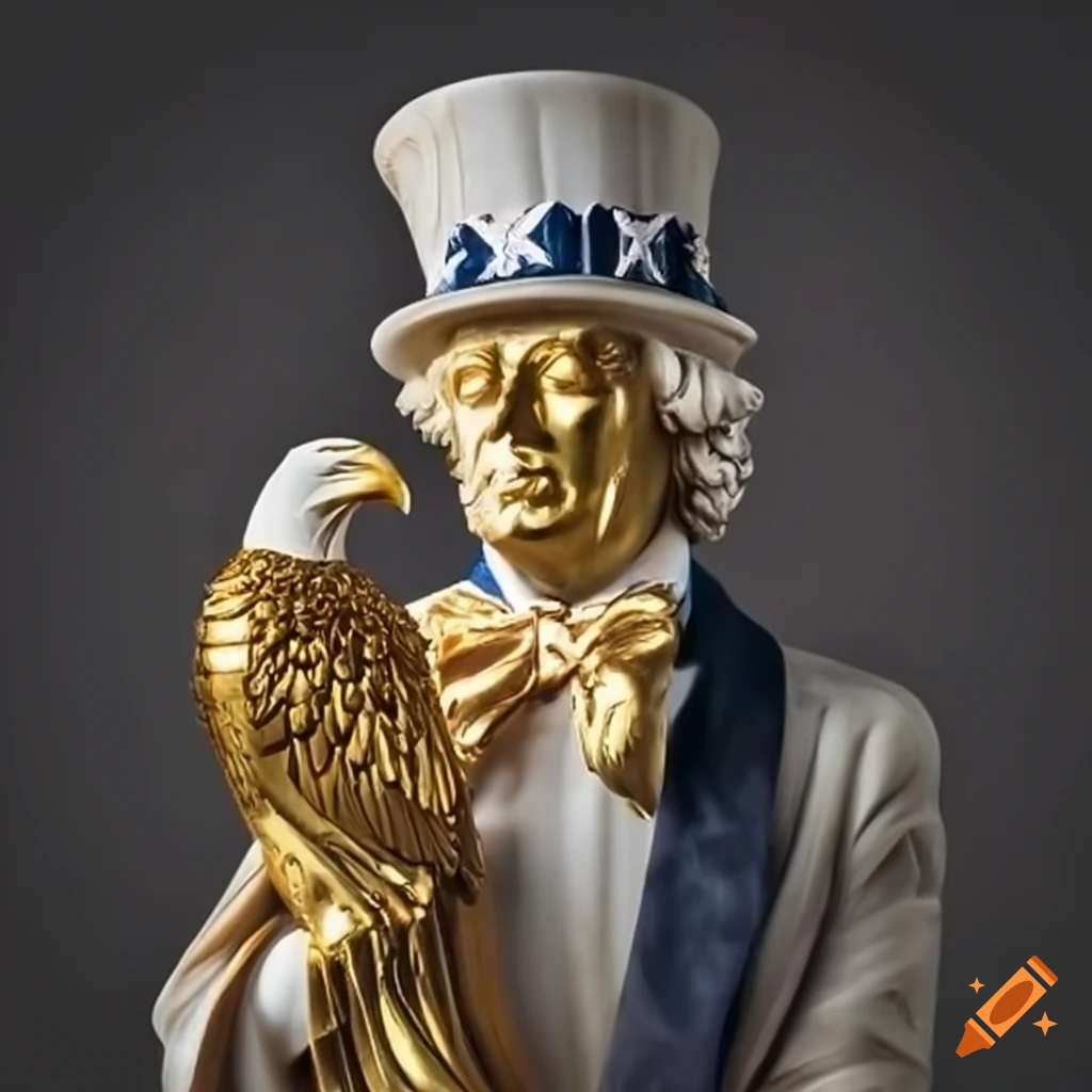 Majestic gold and marble statue of Uncle Sam with an eagle on Craiyon