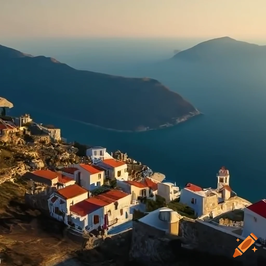 Photorealistic view of a Greek village on a mountainside on Craiyon