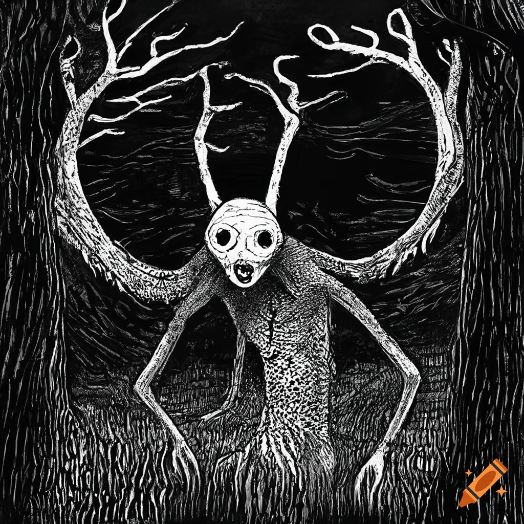 Creepy artwork of a wendigo/skinwalker in a forest on Craiyon