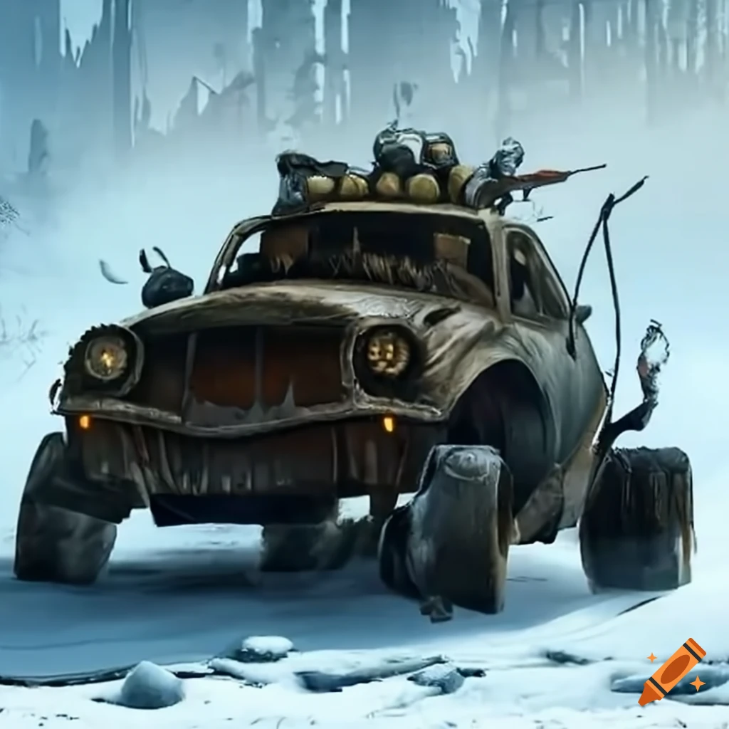 Image of an orc driving a car in the snow on Craiyon