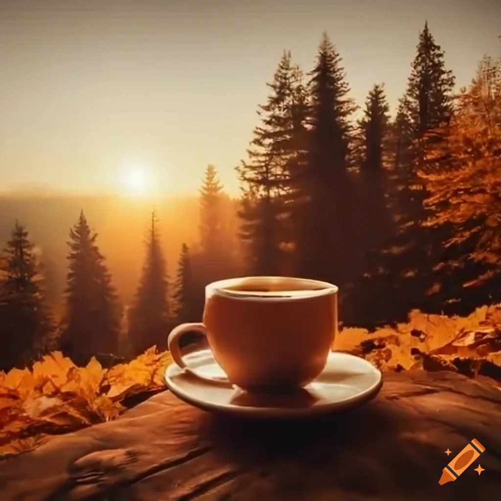 Autumn morning in a mountain cabin with coffee and sunrise on Craiyon