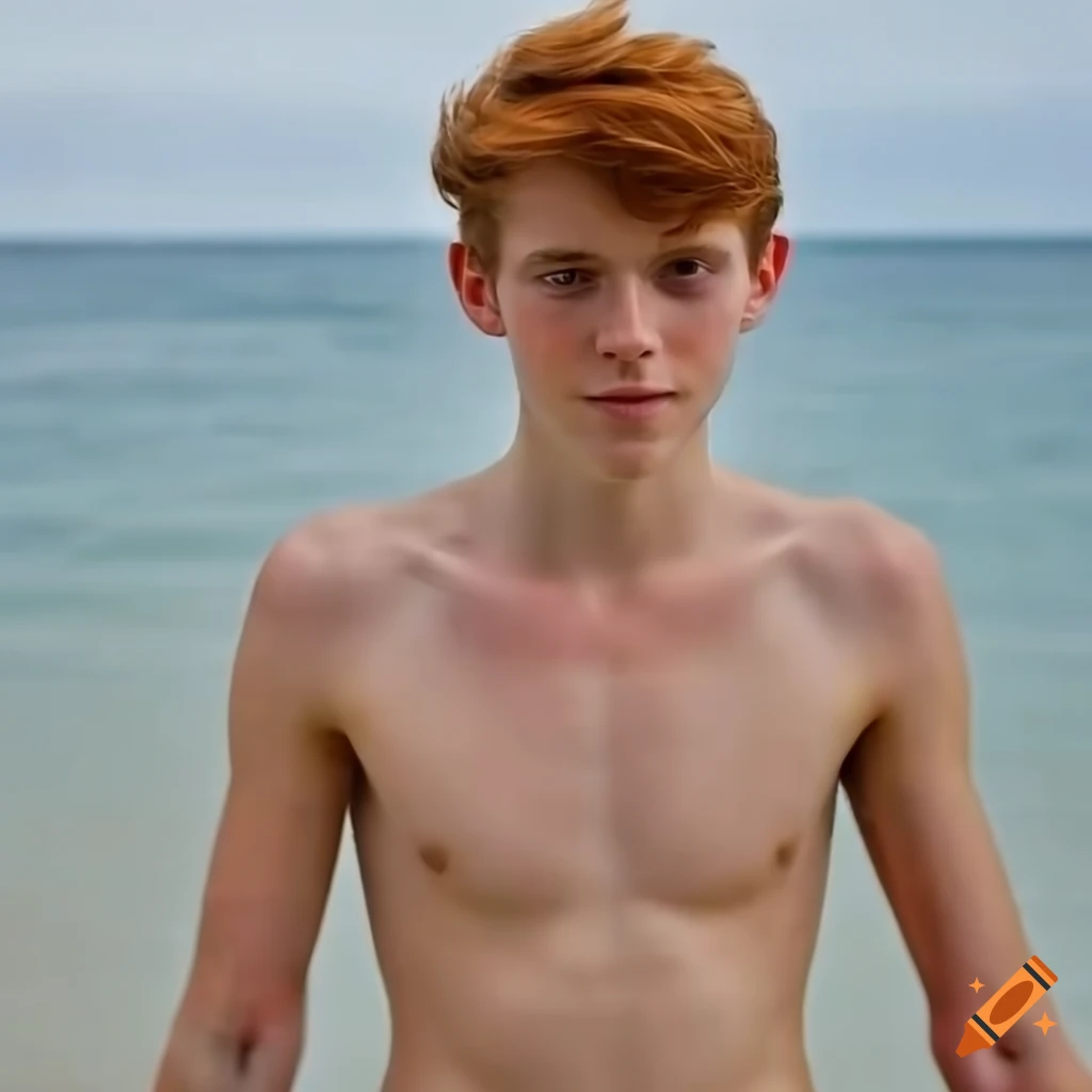 Ginger college student in swim briefs at the beach on Craiyon