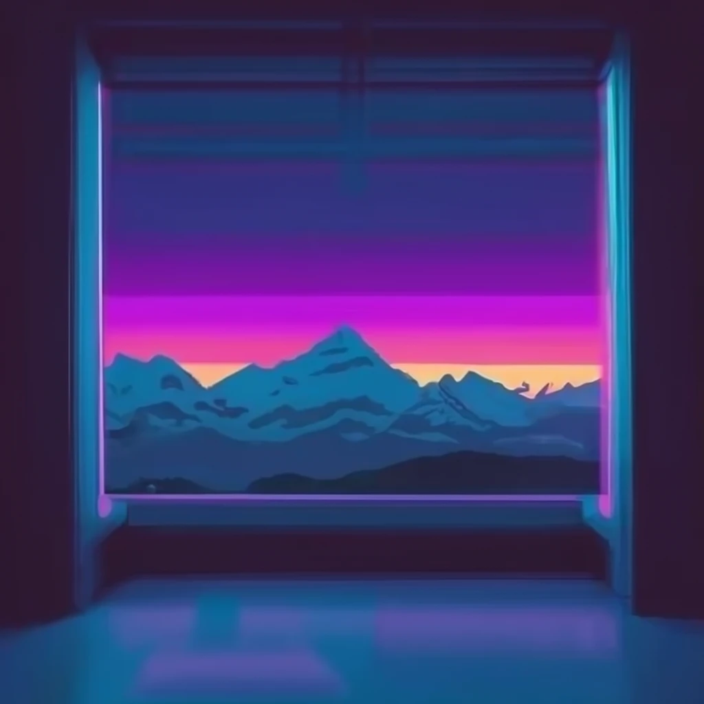 Synthwave room with mountain landscape outside on Craiyon