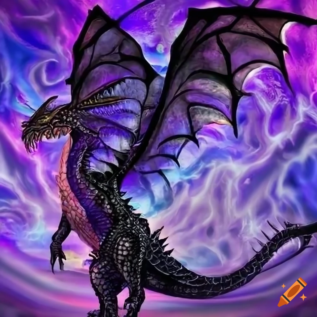Image of a majestic and powerful black dragon with purple patterns on ...