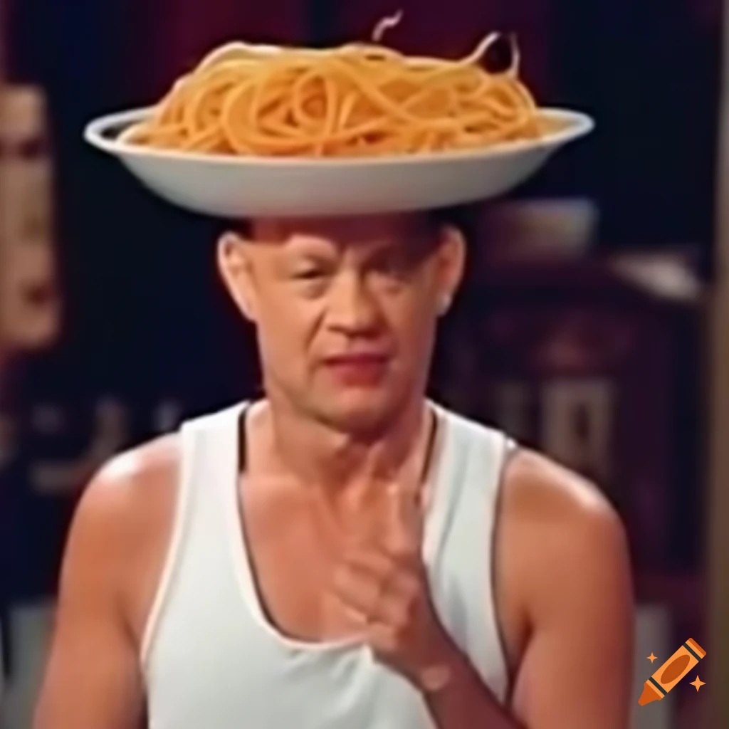 Funny image of Tom Hanks with spaghetti on his head on Craiyon