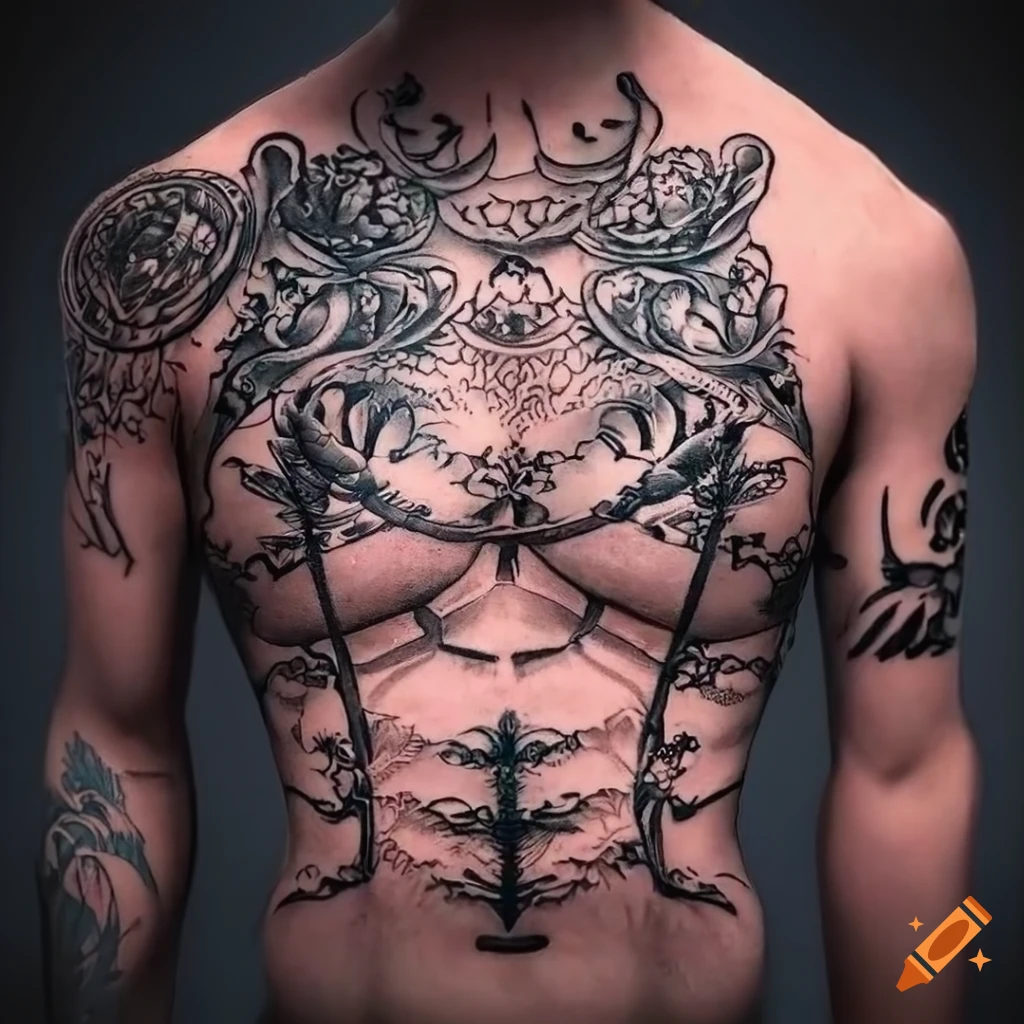 Intricate Japanese chest tattoo design with kanjis on Craiyon