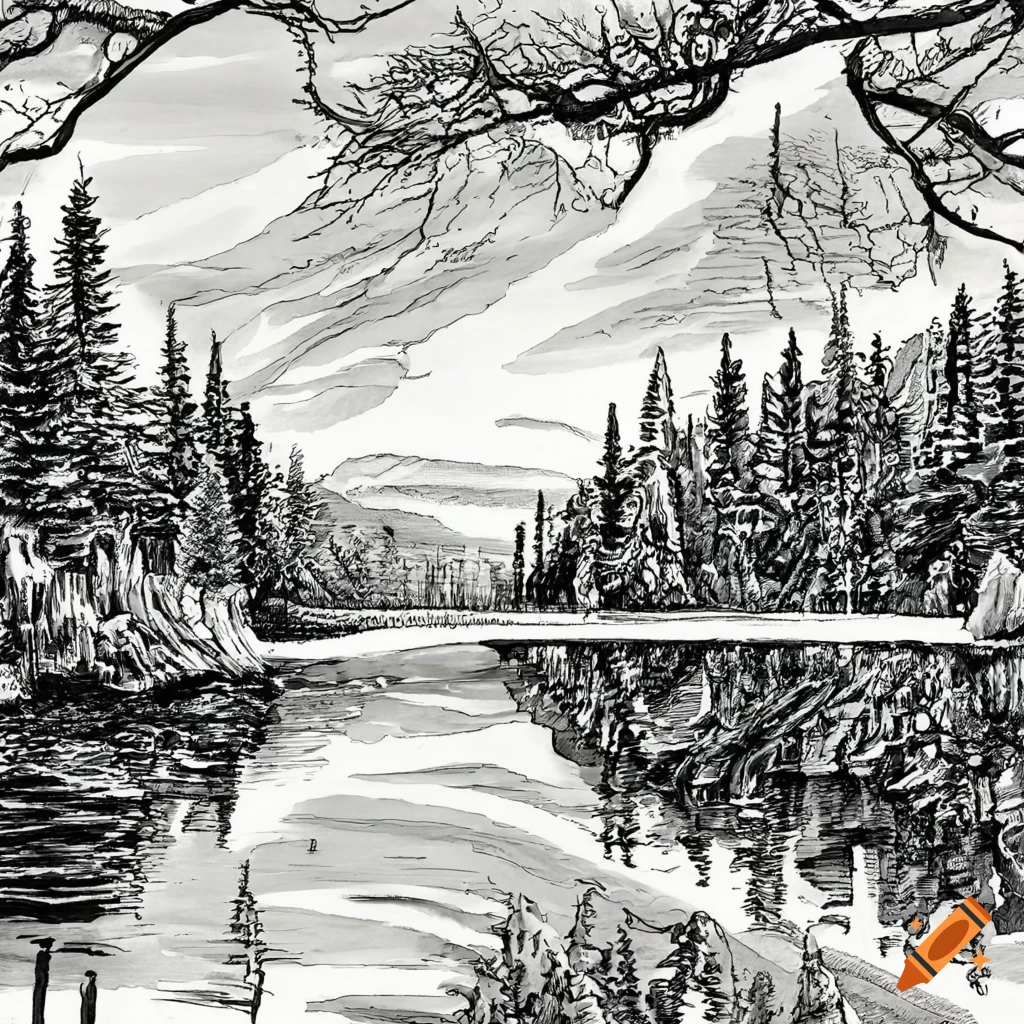 Detailed ink drawing of a river in vermont on Craiyon