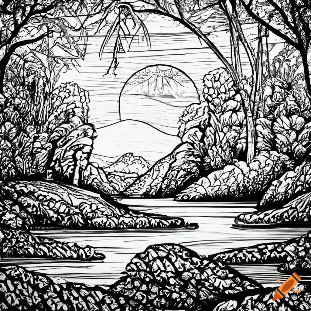 Detailed black and white landscape drawing on Craiyon