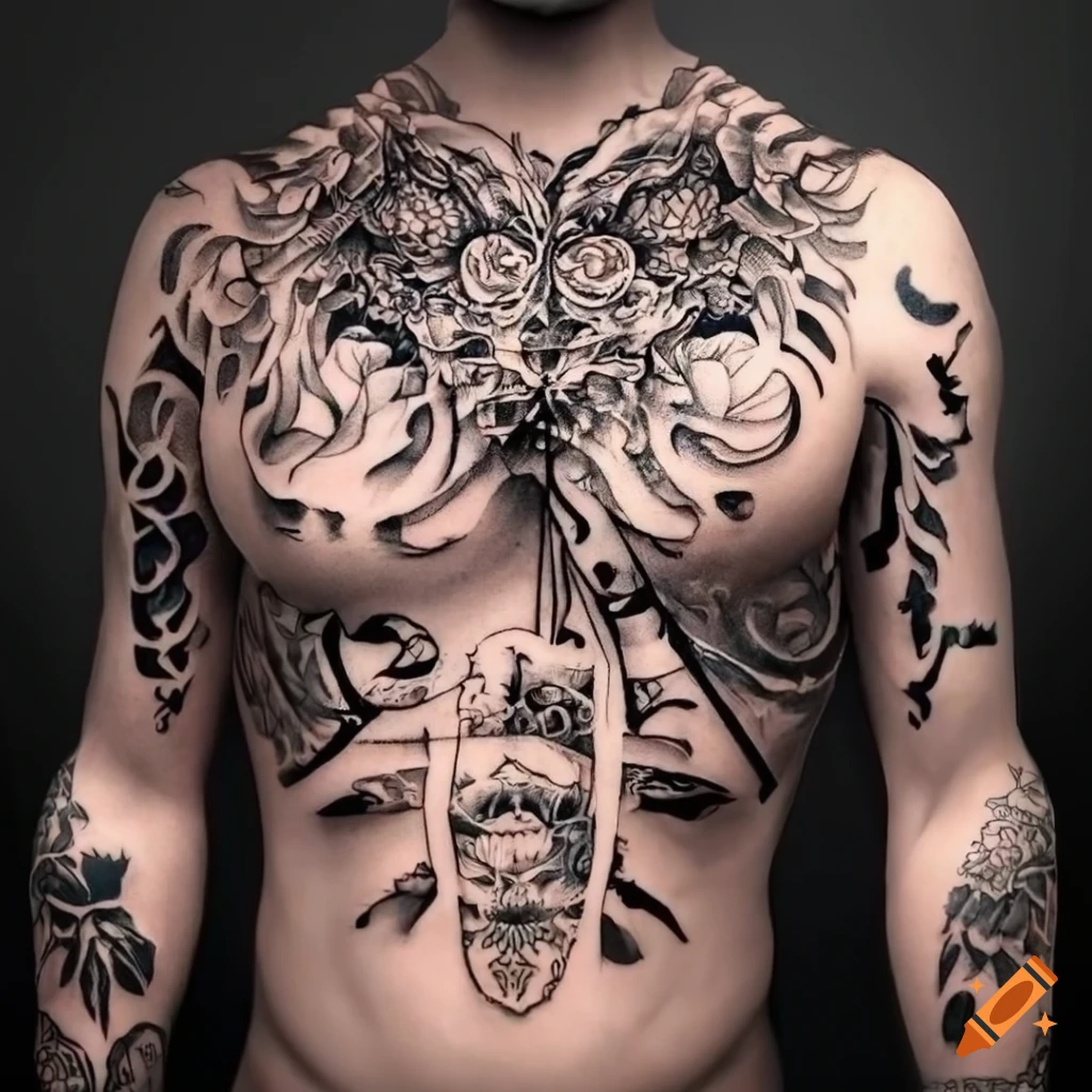 Intricate Japanese chest tattoo design with kanjis on Craiyon