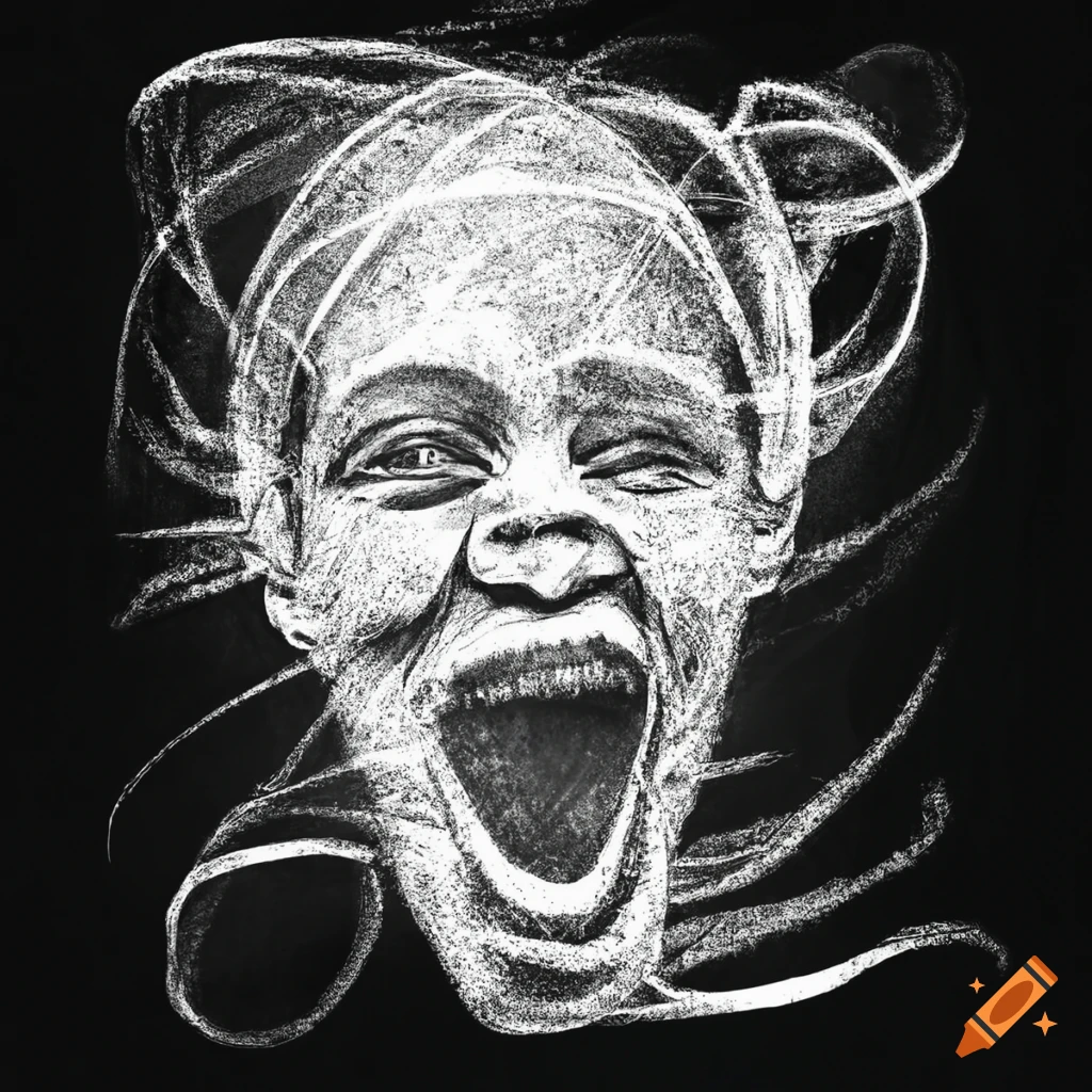 Dadaist drawing of a singing face on black grunge background on Craiyon