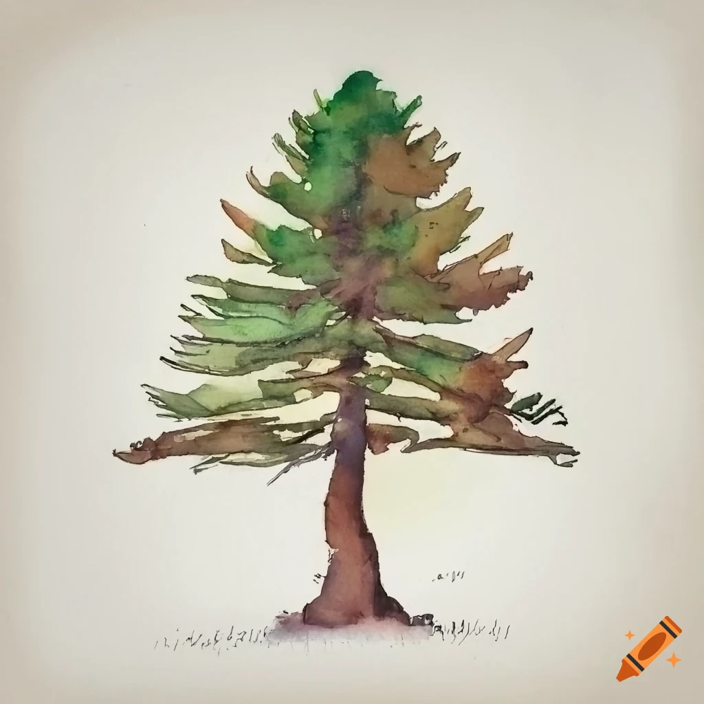 Watercolor sketch of a lonely pine tree in a green tundra on Craiyon