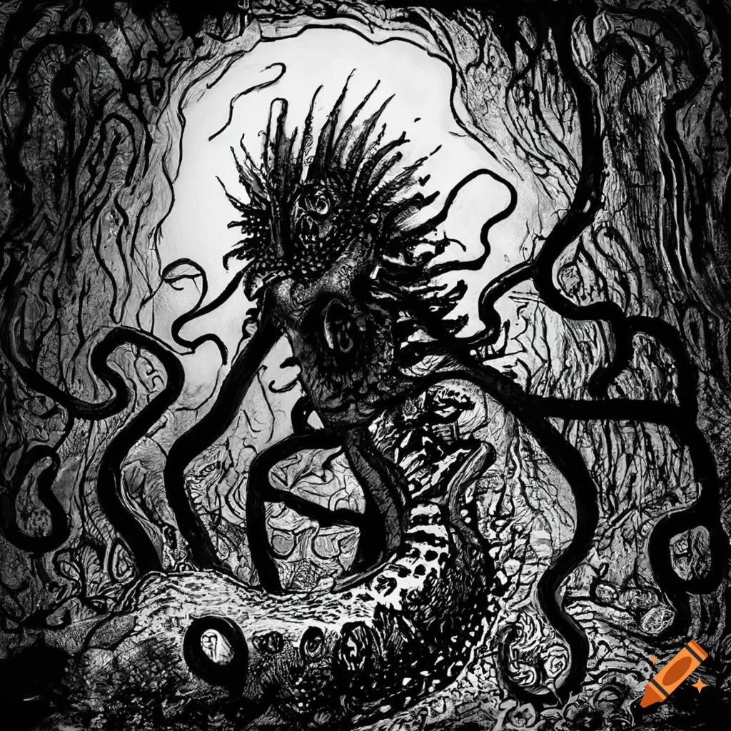 Monochrome drawing of a Lovecraftian deep sea monster on Craiyon